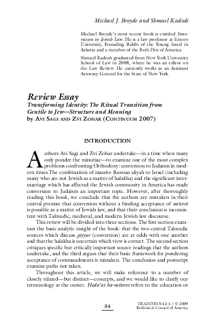 (PDF) Michael J. Broyde and Shmuel Kadosh, “Review of ‘Transforming ...