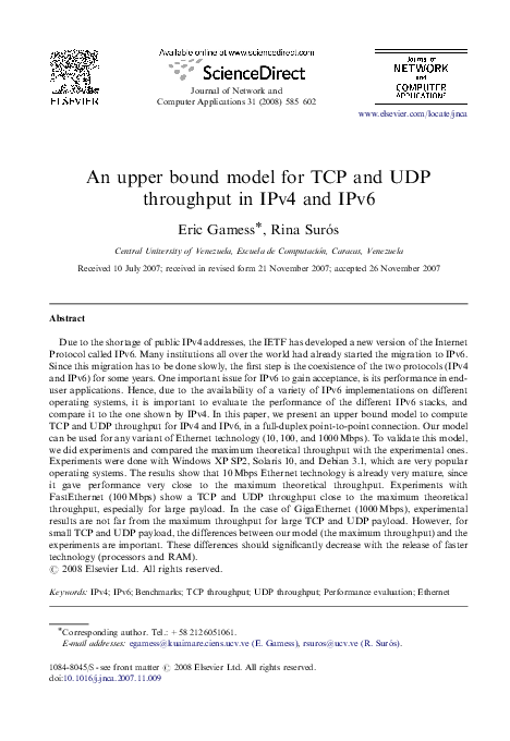 (PDF) An Upper Bound Model for TCP and UDP throughput in IPv4 and IPv6