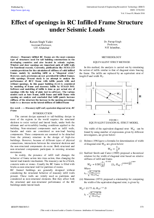 (PDF) IJERT-Effect of openings in RC Infilled Frame Structure under Seismic Loads