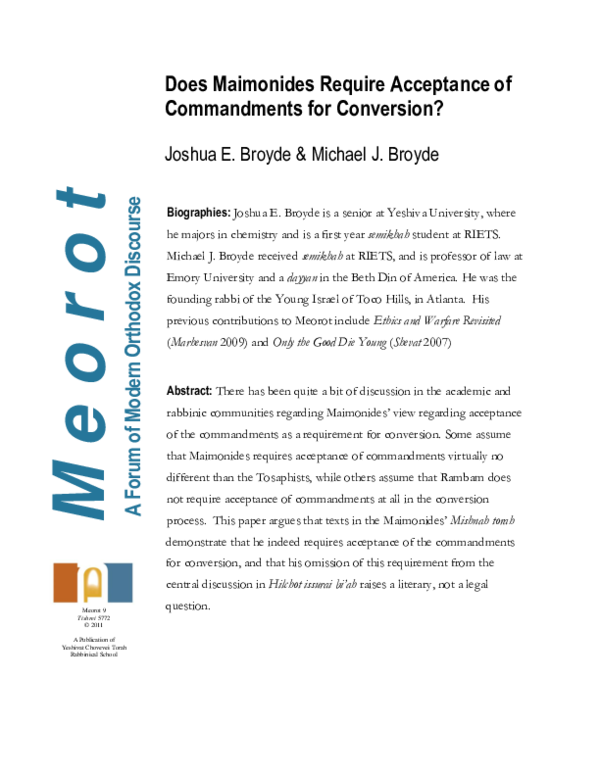 (PDF) Joshua E. Broyde and Michael J. Broyde, “Does Maimonides Require ...