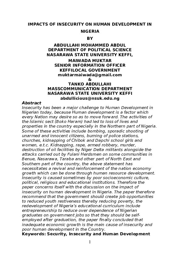 (DOC) IMPACT OF INSECURITY ON HUMAN DEVELOPMENT IN NIGERIA