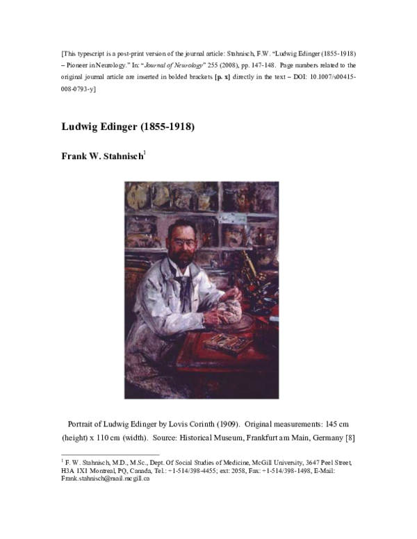 (PDF) Ludwig Edinger (1855–1918) -- Pioneer in Neurology