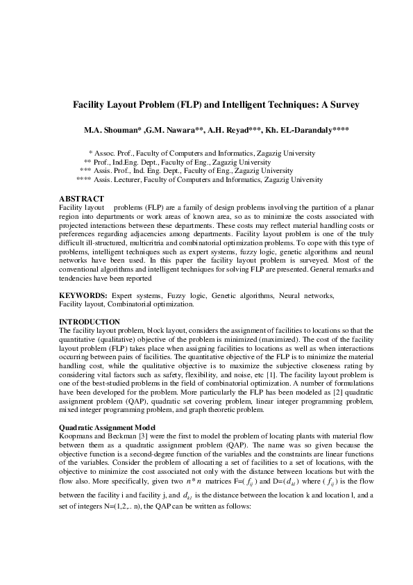 (PDF) Facility Layout Problem and Intelligent Techniques: A Survey