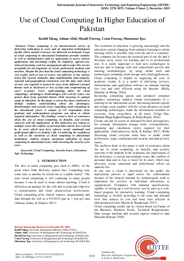 (PDF) Use of Cloud Computing In Higher Education of Pakistan