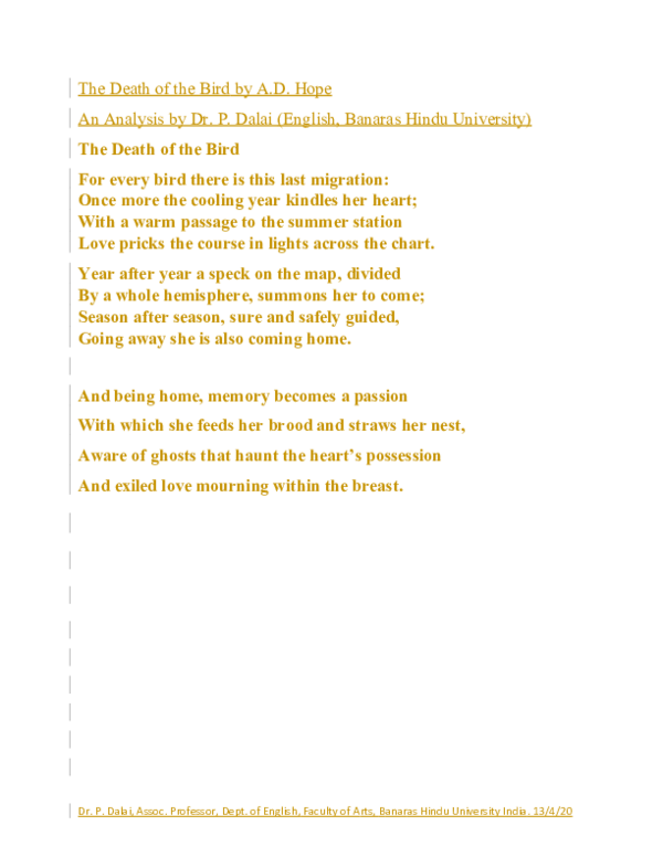 (DOC) The Death of the Bird A D Hope