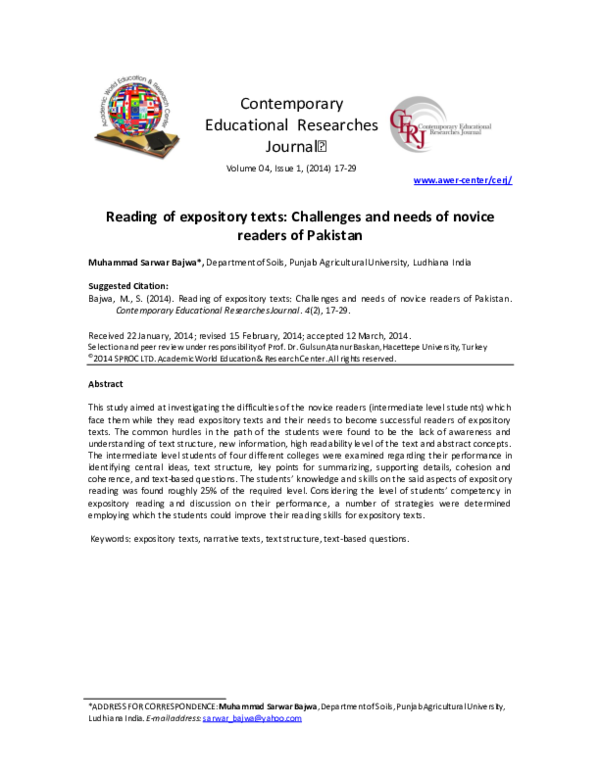 (PDF) Reading of expository texts: Challenges and needs of novice ...