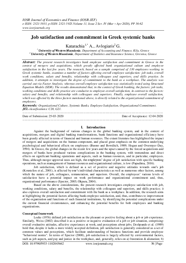 (PDF) Job satisfaction and commitment in Greek systemic banks