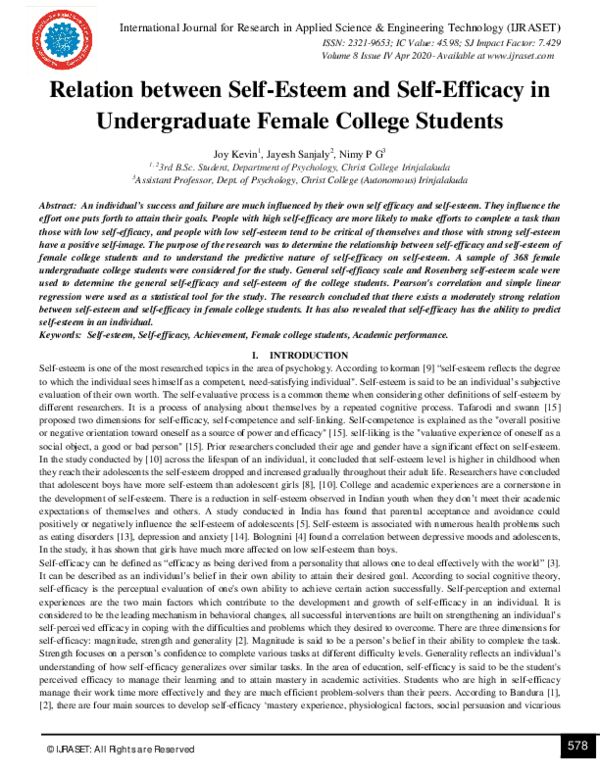 (PDF) Relation between Self-Esteem and Self-Efficacy in Undergraduate ...