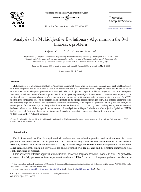 Pdf Analysis Of A Multiobjective Evolutionary Algorithm On The 0 1 Knapsack Problem David