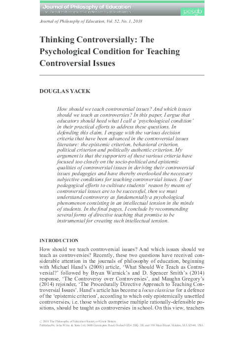 (PDF) Thinking Controversially: The Psychological Condition for Teaching Controversial Issues