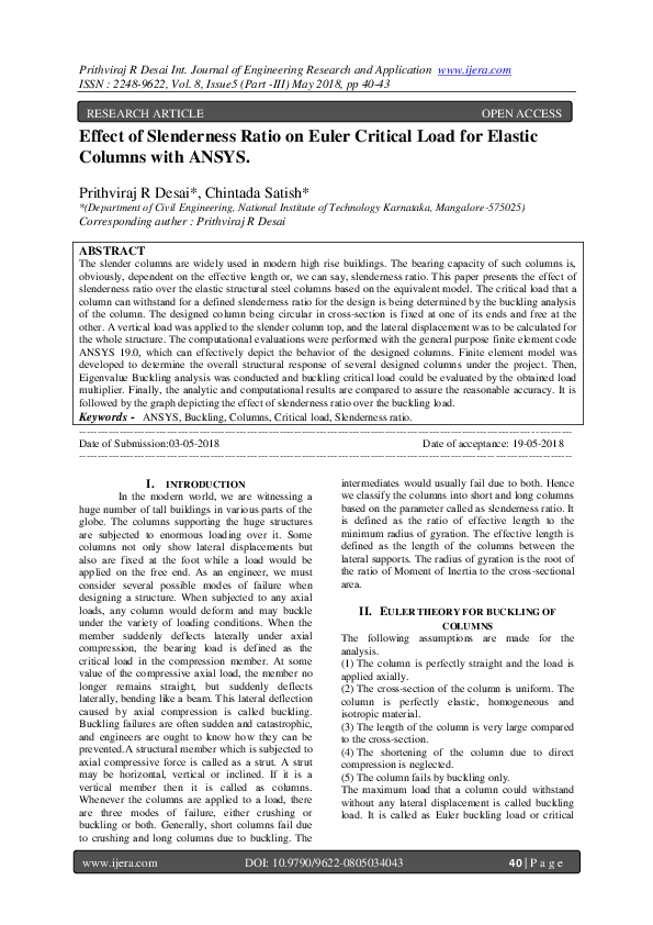 (PDF) Effect of Slenderness Ratio on Euler Critical Load for Elastic Columns with ANSYS