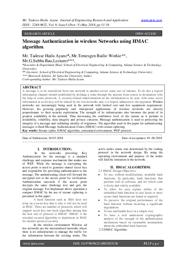 (PDF) Message Authentication in wireless Networks using HMAC algorithm | IJERA Journal ...