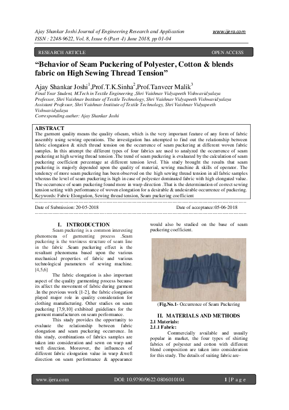 (PDF) "Behavior of Seam Puckering of Polyester, Cotton & blends fabric ...