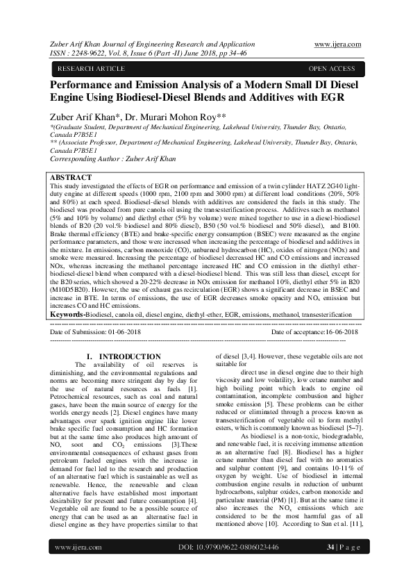 Pdf Performance And Emission Analysis Of A Modern Small Di Diesel Engine Using Biodiesel