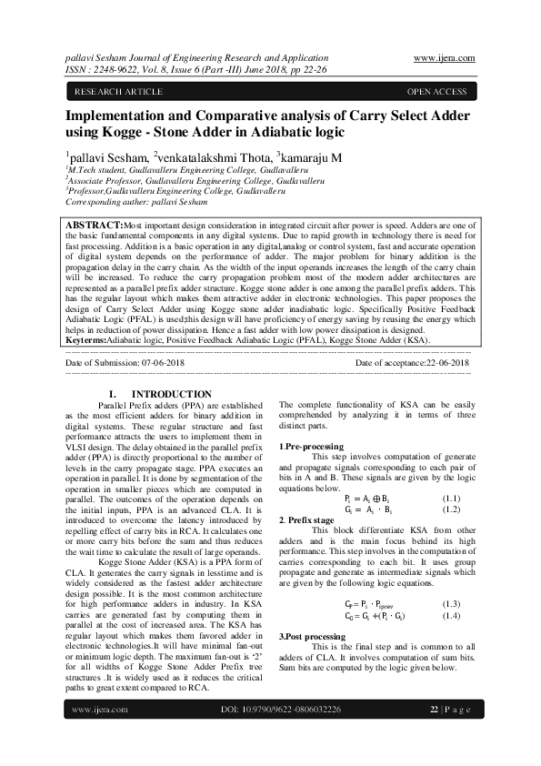 (PDF) Implementation and Comparative analysis of Carry Select Adder using Kogge -Stone Adder in ...