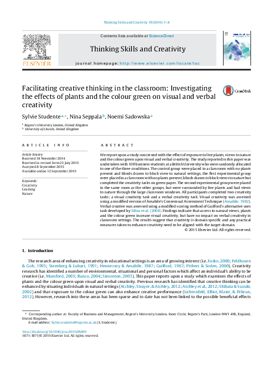 (PDF) Facilitating creative thinking in the classroom: Investigating the effects of plants and ...