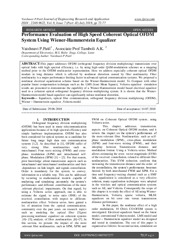 (PDF) Performance Evaluation of High Speed Coherent Optical OFDM System Using Wiener-Hammerstein ...