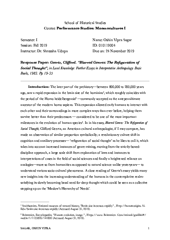(PDF) Article response: Geertz, Clifford. Blurred Genres: The ...