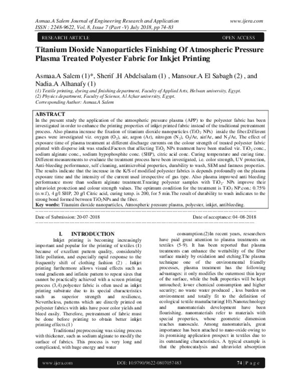 (PDF) Titanium Dioxide Nanoparticles Finishing Of Atmospheric Pressure Plasma Treated Polyester ...