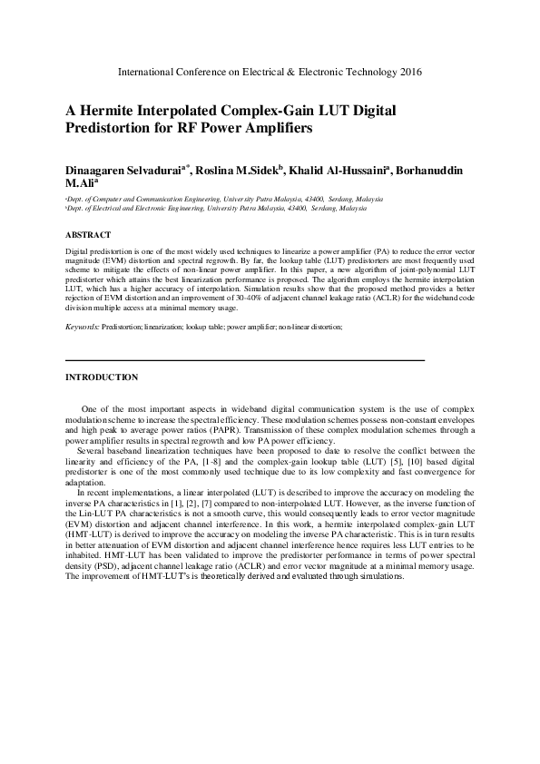(PDF) A Hermite Interpolated Complex-Gain LUT Digital Predistortion for RF Power Amplifiers