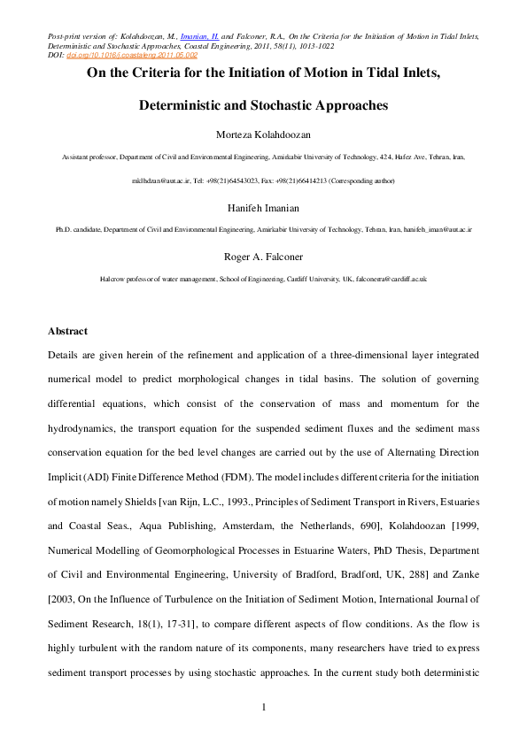 (PDF) On the Criteria for the Initiation of Motion in Tidal Inlets, Deterministic and Stochastic ...
