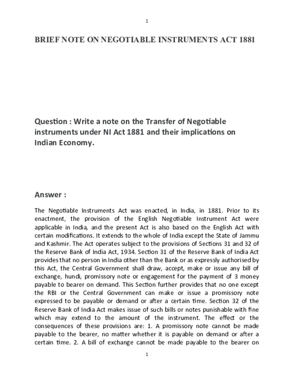 (DOC) BRIEF NOTE ON NEGOTIABLE INSTRUMENTS ACT 1881