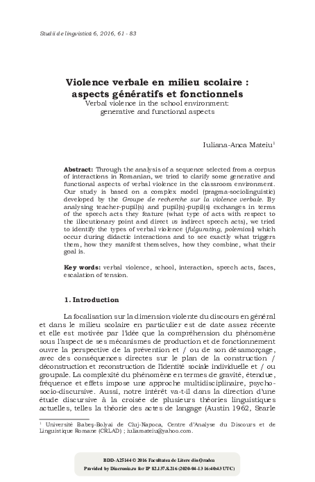 (PDF) Violence verbale en milieu scolaire : aspects génératifs et fonctionnels Verbal violence ...