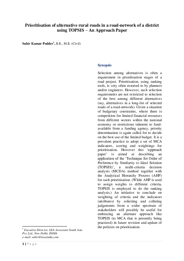 (PDF) Prioritisation of alternative rural roads in a road-network of a ...