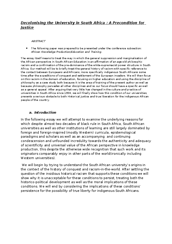 (DOC) Decolonising The University In South Africa : A Precondition for ...