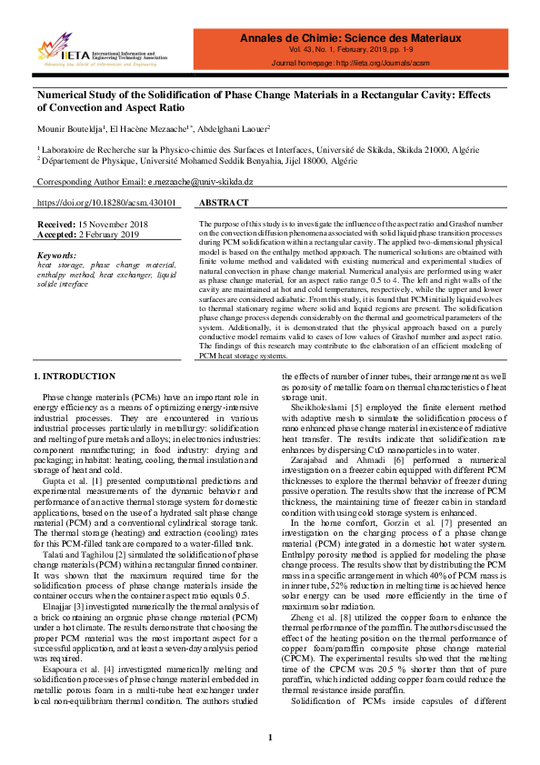 (PDF) Numerical Study of the Solidification of Phase Change Materials in a Rectangular Cavity ...