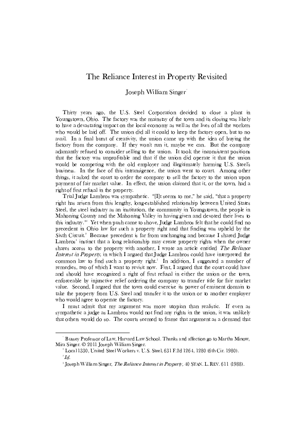 (PDF) Joseph William Singer, “The Reliance Interest in Property ...
