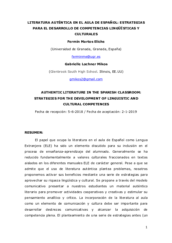 (PDF) AUTHENTIC LITERATURE IN THE SPANISH CLASSROOM: STRATEGIES FOR THE ...