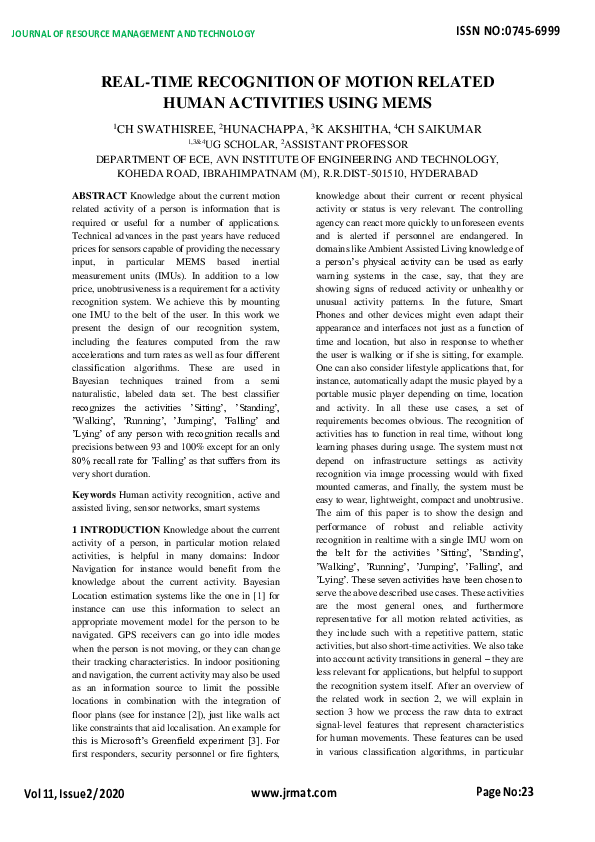 (PDF) REAL-TIME RECOGNITION OF MOTION RELATED HUMAN ACTIVITIES USING MEMS