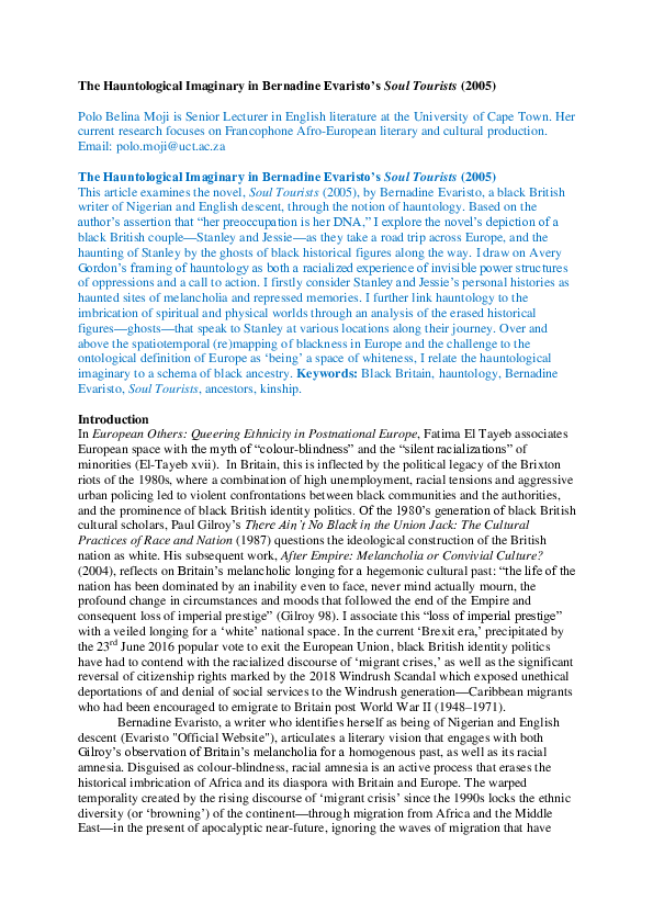 (PDF) The hauntological imaginary in Bernadine Evaristo’s Soul Tourists ...