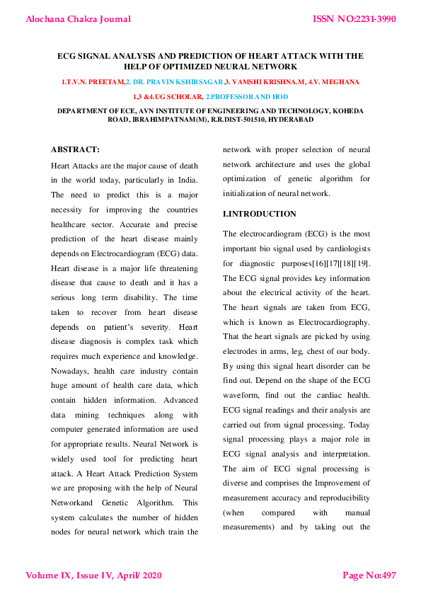 Pdf Ecg Signal Analysis And Prediction Of Heart Attack With The Help Of Optimized Neural Network