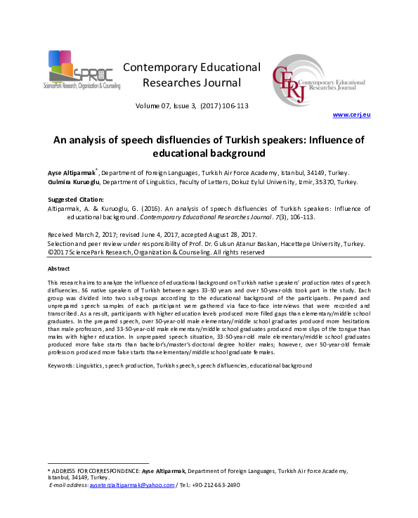 (PDF) An analysis of speech disfluencies of Turkish speakers: Influence ...