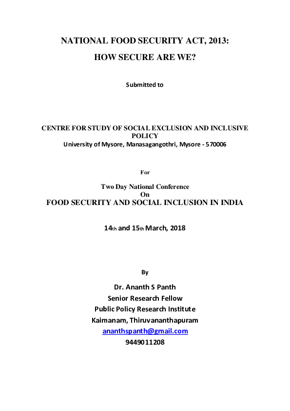 (PDF) NATIONAL FOOD SECURITY ACT, 2013: HOW SECURE ARE WE? Two Day ...
