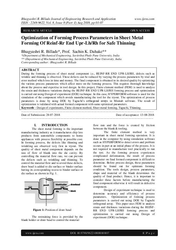 (PDF) Optimization of Forming Process Parameters in Sheet Metal Forming Of Reinf-Rr End Upr-Lh ...