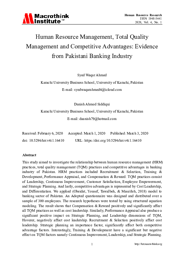 (PDF) Human Resource Management, Total Quality Management and Competitive Advantages: Evidence ...