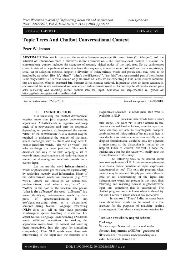 (PDF) Topic Trees And Chatbot Conversational Context