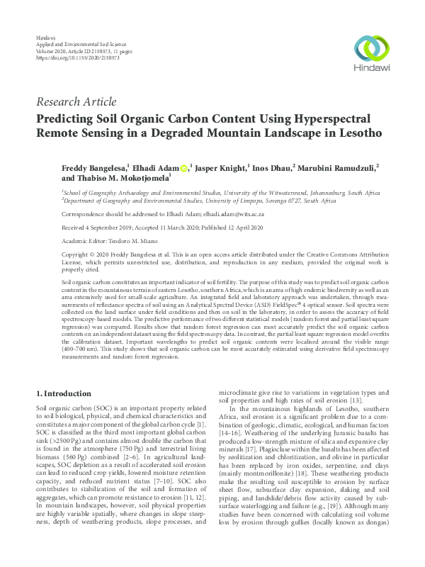(PDF) Predicting Soil Organic Carbon Content Using Hyperspectral Remote Sensing in a Degraded ...