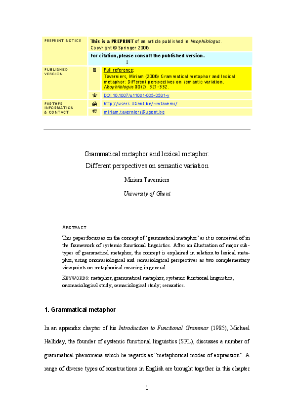 (PDF) Grammatical metaphor and lexical metaphor: Different perspectives on semantic variation ...