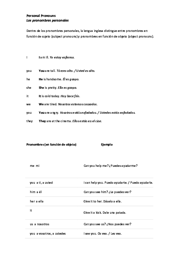 (PDF) Personal Pronouns Los pronombres personales