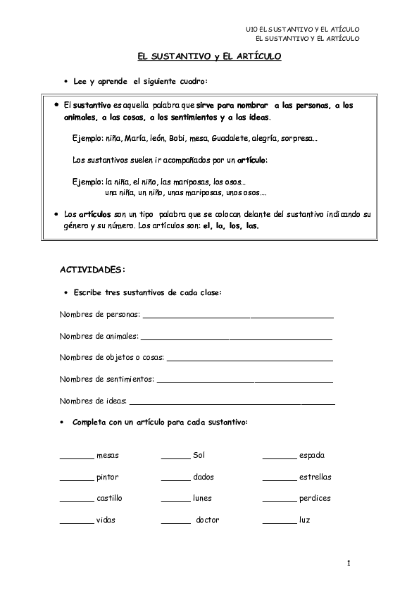 (PDF) U10 EL SUSTANTIVO Y EL ATÍCULO EL SUSTANTIVO y EL ARTÍCULO