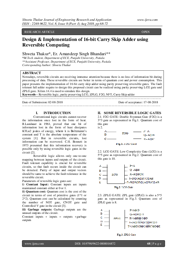 Pdf Design And Implementation Of 16 Bit Carry Skip Adder Using Reversible Computing 9423