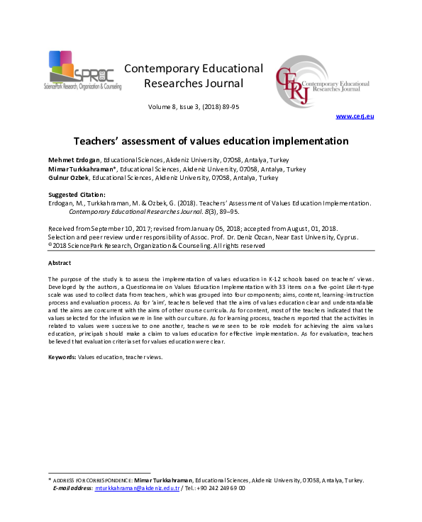 (PDF) Teachers' Assessment of Values Education Implementation
