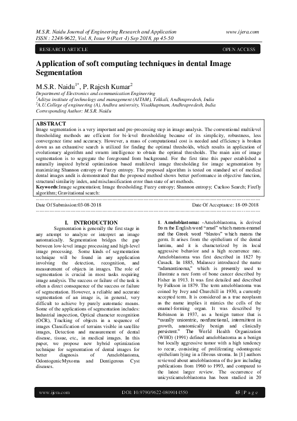 Pdf Application Of Soft Computing Techniques In Dental Image Segmentation