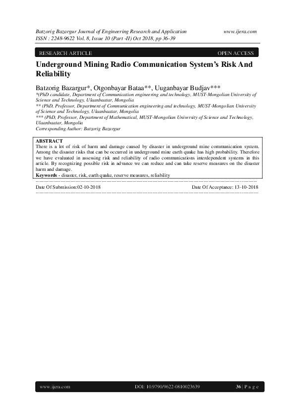 Pdf Underground Mining Radio Communication Systems Risk And Reliability