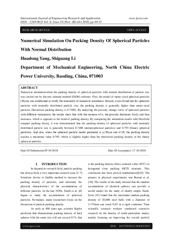 (PDF) Numerical Simulation On Packing Density Of Spherical Particles ...