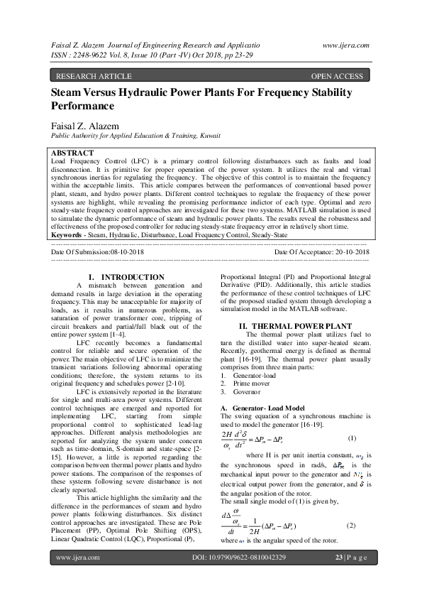 (PDF) Steam Versus Hydraulic Power Plants For Frequency Stability ...